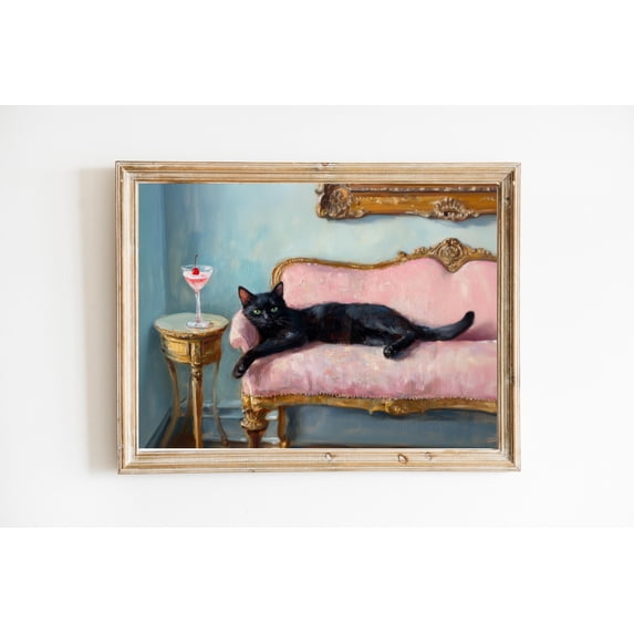 Black Cat With Cherry Cosmo Art Print, Cute Quirky Whimsical, Cocktail ...