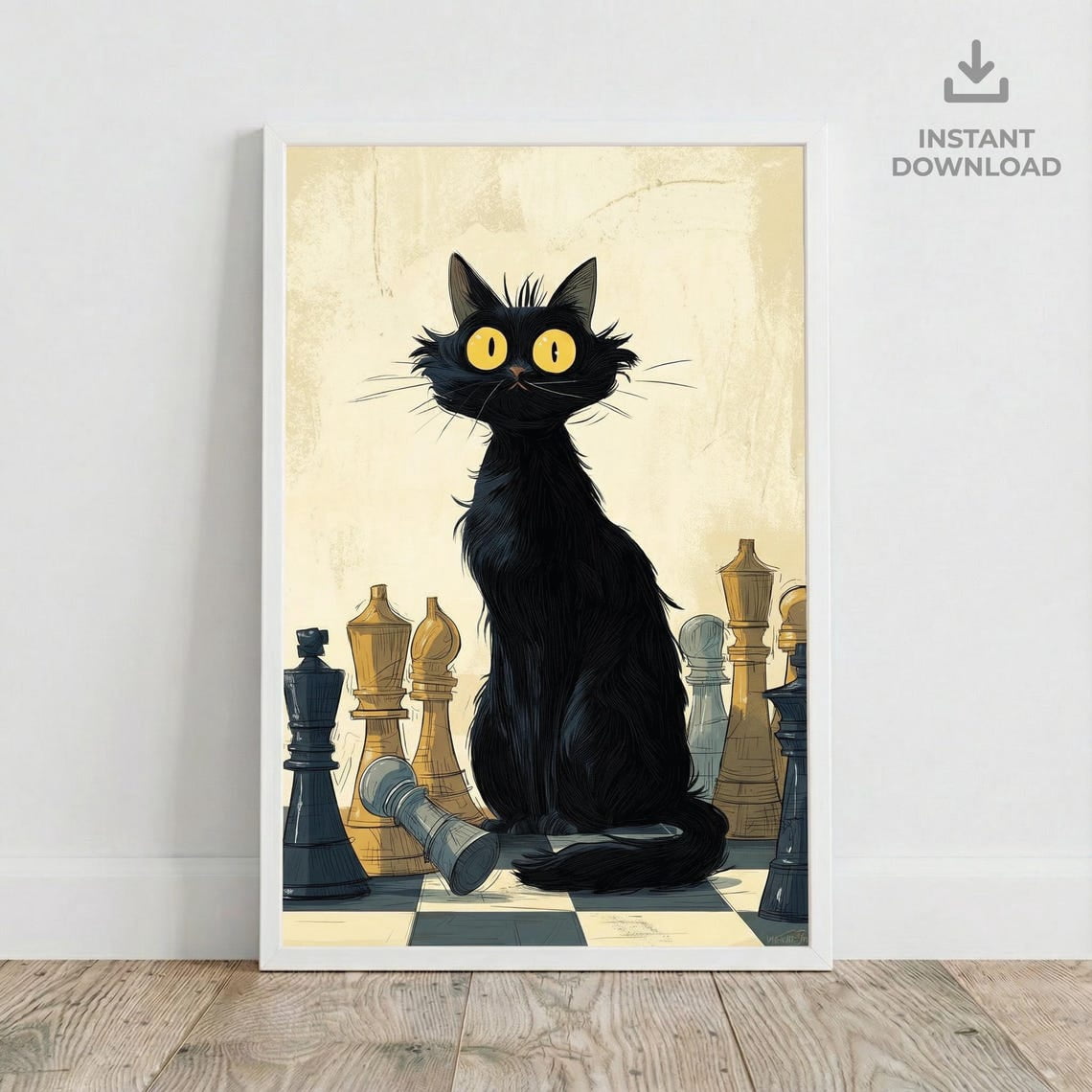Black Cat Chess Wall Art Whimsical Illustration Playful Feline ...