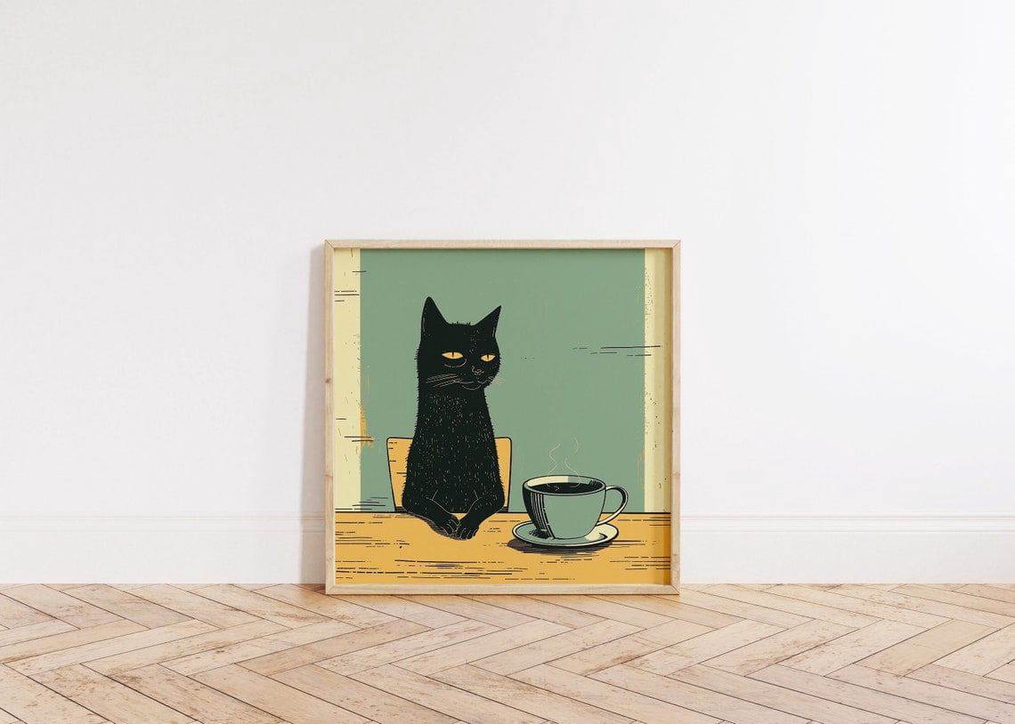 Black Cat Chilling Drinking Coffee Parents Kitchen Wall Decor For ...