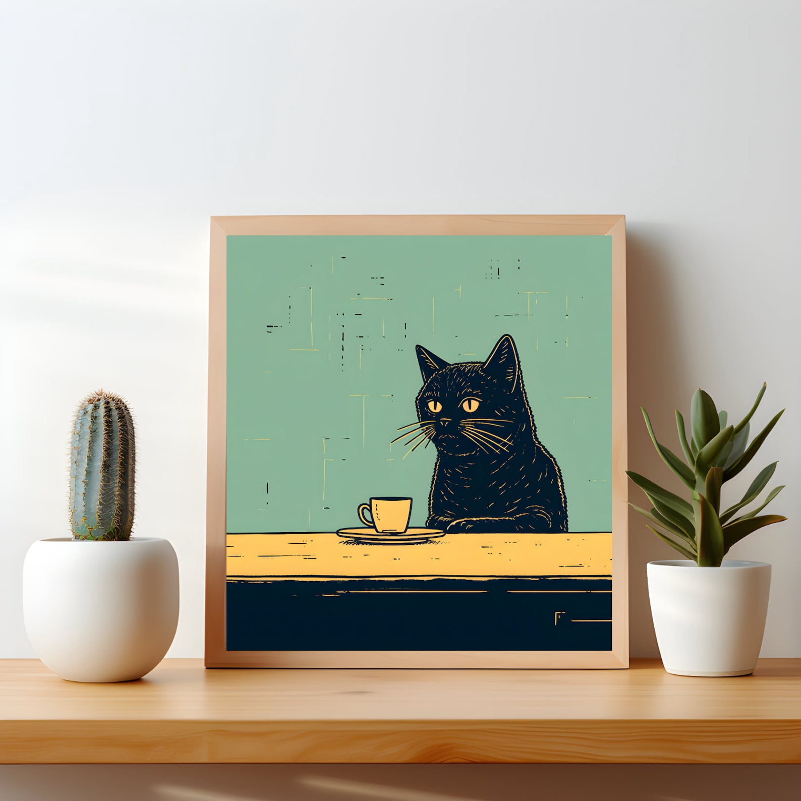 Black Cat Chilling with Coffee Retro Kitchen Wall Art Poster Quirky ...