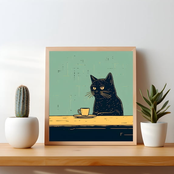 Black Cat Chilling with Coffee Retro Kitchen Wall Art Poster Quirky ...
