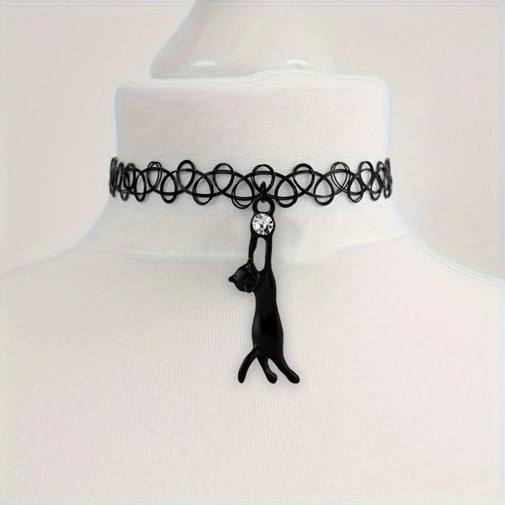 Black Cat Choker Necklace Gothic Stretch Fishnet Style with Cubic ...