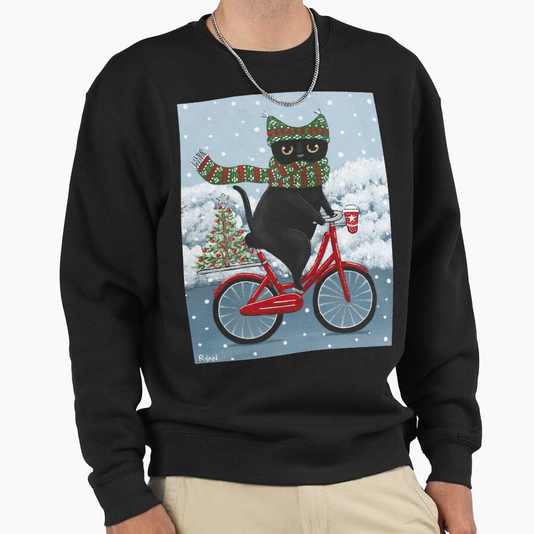Black Cat Christmas Bicycle Ride Cute Retro Holiday Graphic Art Unisex ...