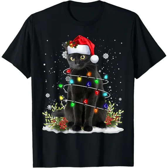 Black Cat Christmas Festive Hat Holiday Lights Funny Meowy Kitty Lover ...