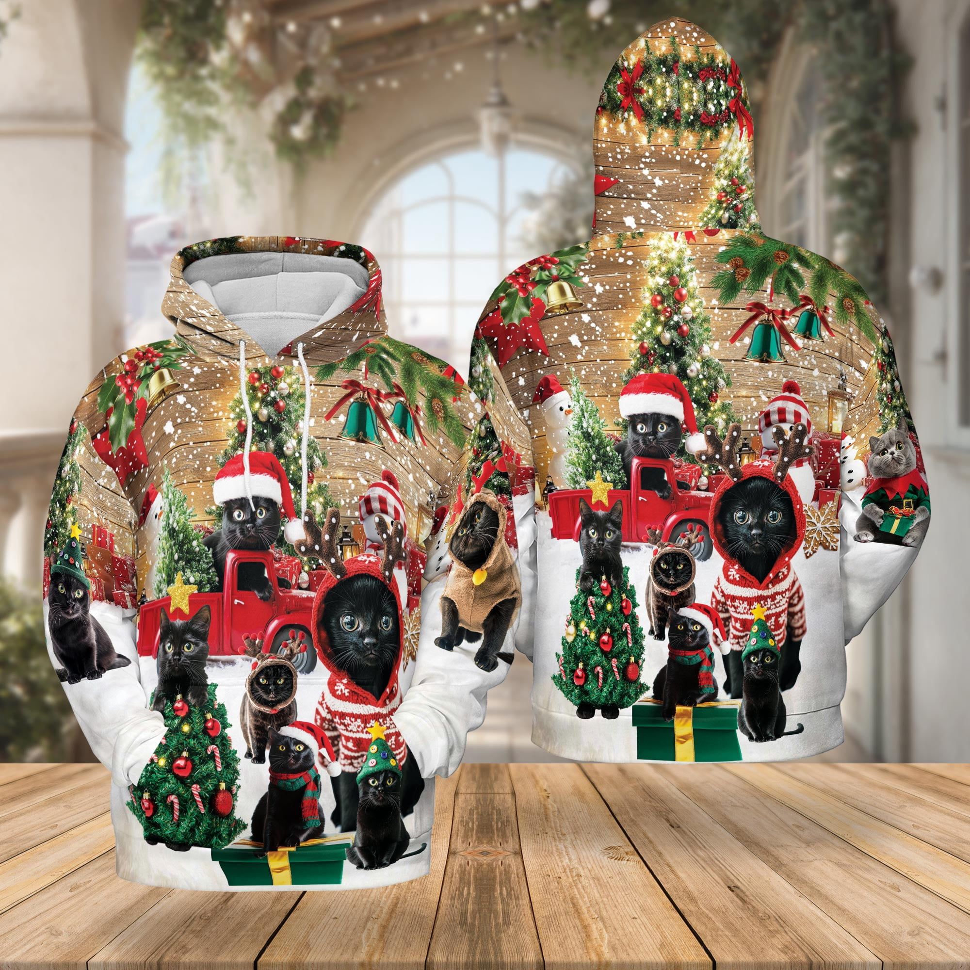 Black Cat Christmas Hoodie, Cute Cats in Santa Hats Festive Scene ...