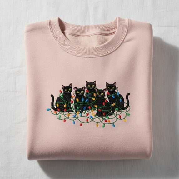 Black Cat Christmas Lights Embroidered Sweatshirt, Funny Cat Lover ...