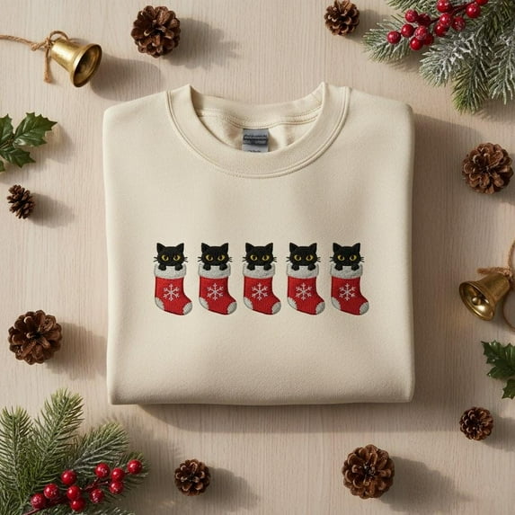 Black Cat Christmas Stocking Embroidered Sweatshirt, Kitten Holiday Gift Tee, Cute Cat Crewneck ...