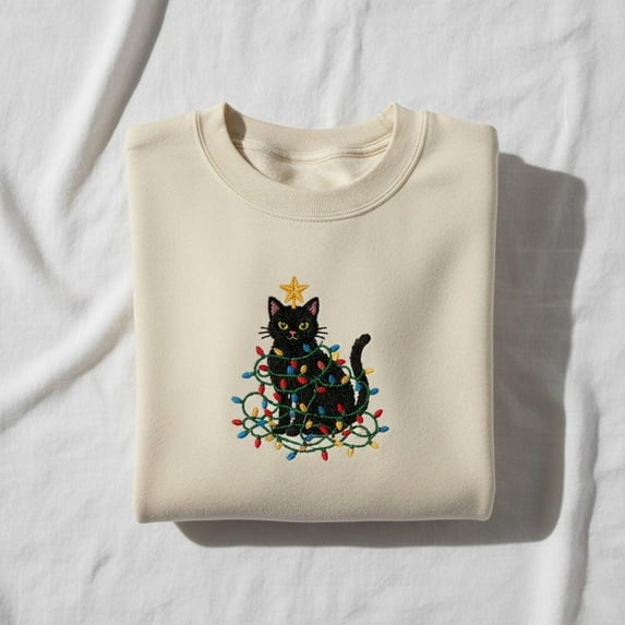 Black Cat Christmas Tree Embroidered Sweatshirt, Funny Cat Lover ...