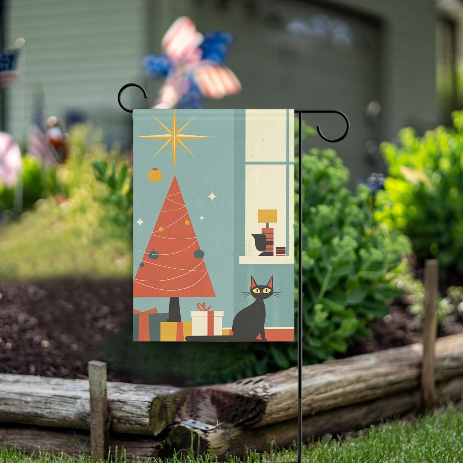 Black Cat Christmas Tree Garden Flag Double Sided Outdoor Banners for ...