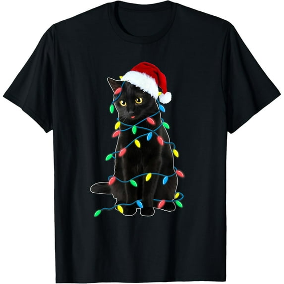 Black Cat Christmas Tree Lights Funny Santa Kitten Led Light T-Shirt ...