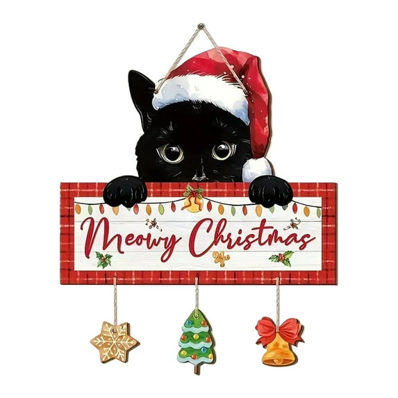 Black Cat Christmas Wood Signs Meowy Christmas Ornaments 1 PCS(11”X9.5 ...