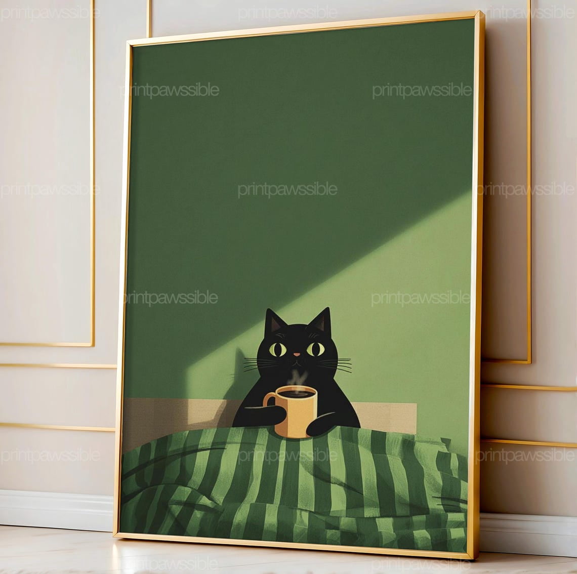 Black Cat Coffee Art Print Cozy Green Bedroom Wall Decor Morning ...