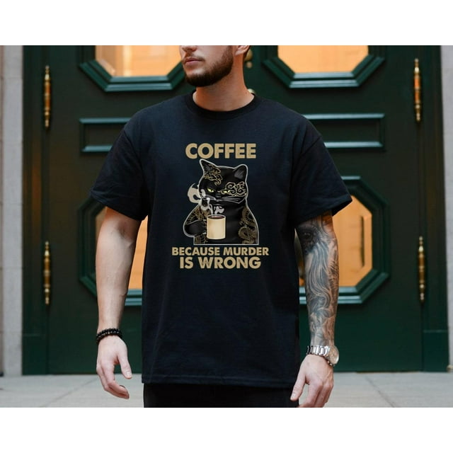 Black Cat Coffee Because Murder Is Wrong Vintage Mens Short Sleeve T