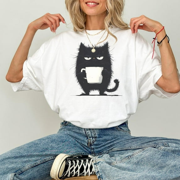 Black Cat Coffee Graphic Tee with Kawaii Tired Grumpy Cat Holding Mug ...