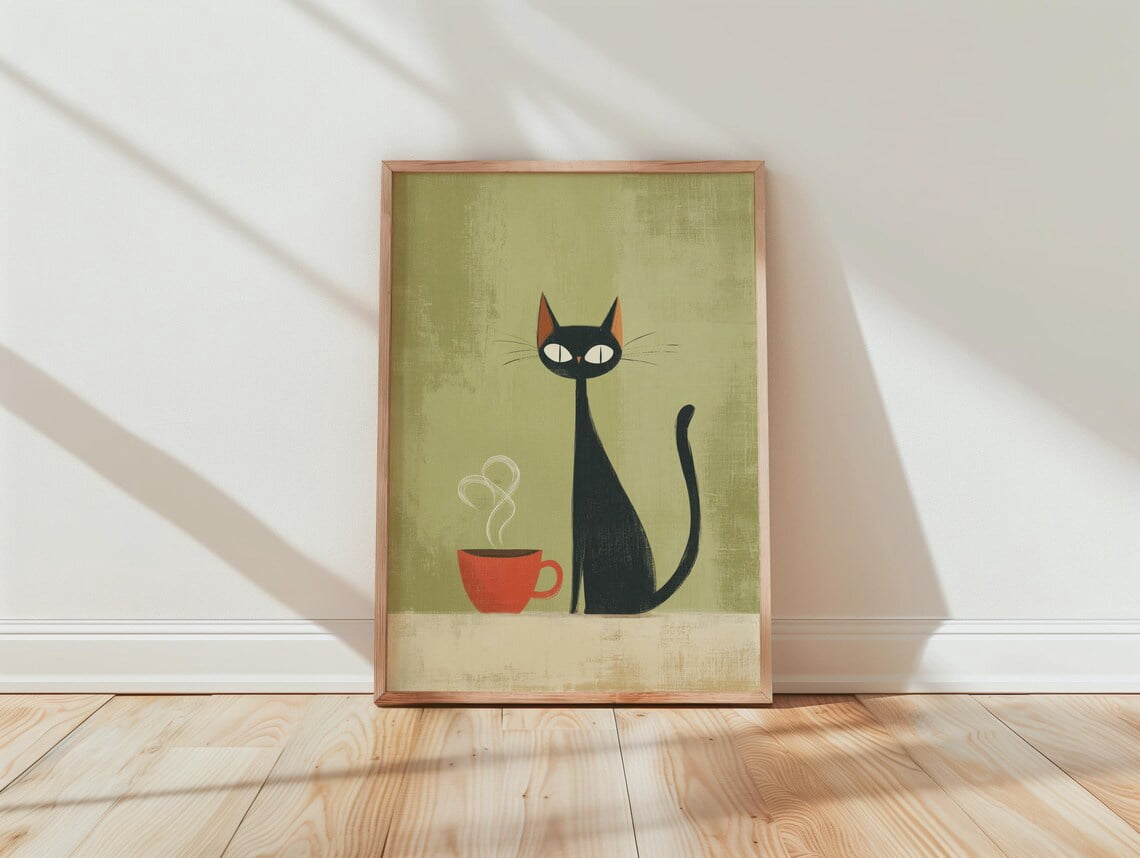 Black Cat Coffee Mid Century Modern Retro Kitchen Graphic Poster ...