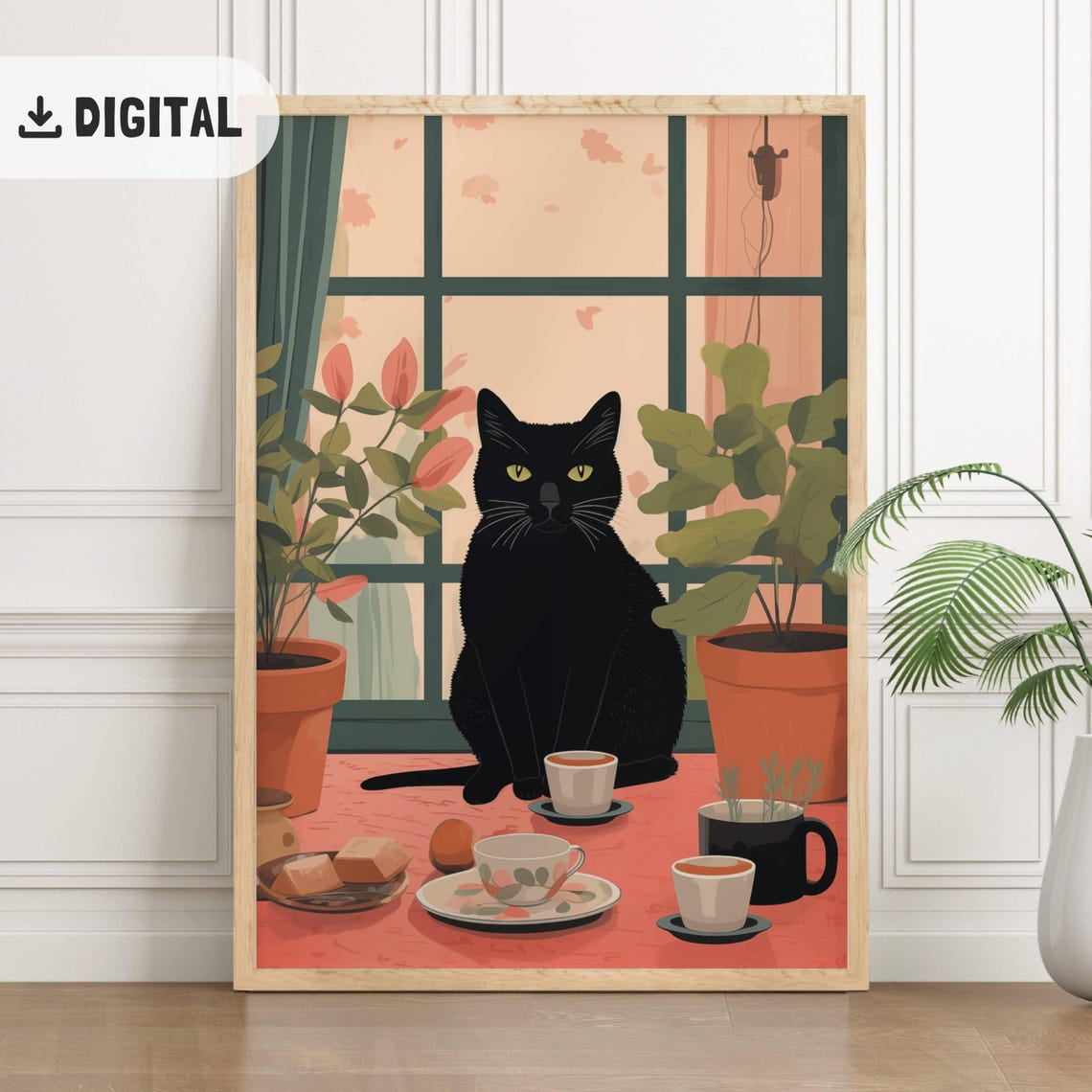 Black Cat Coffee Poster, Cute Catful Wall Art, Retro Vintage Aesthetic ...