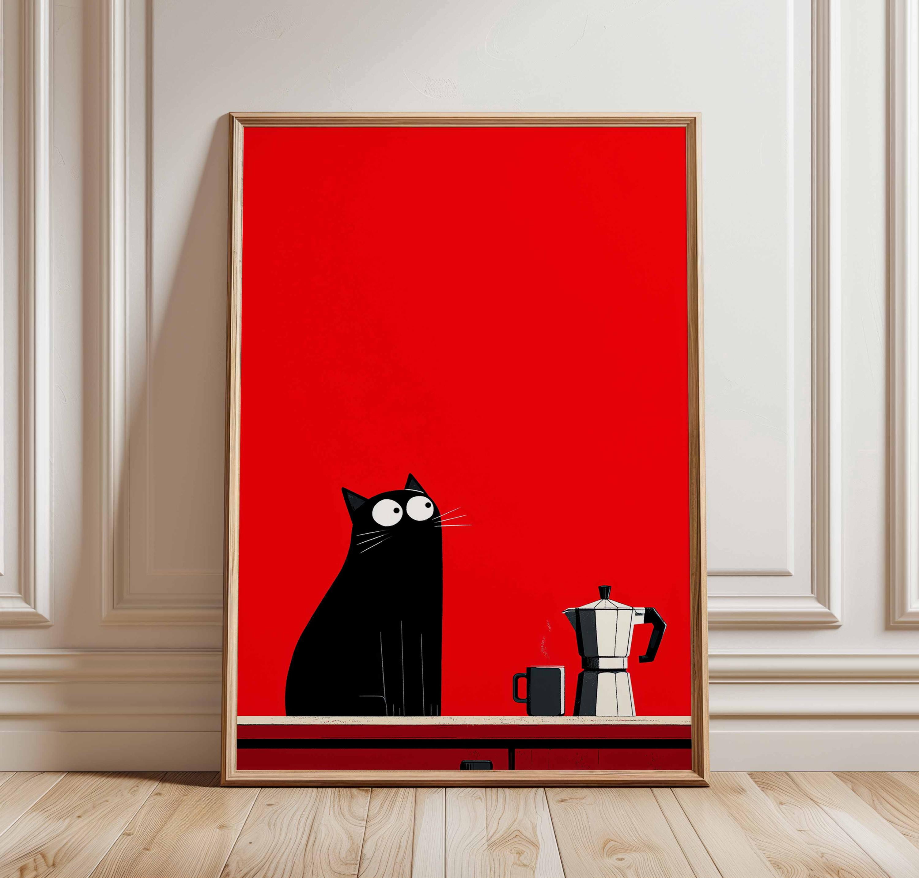 Black Cat Coffee Poster, Red Kitchen Wall Art, Funny Minimalist Cat ...