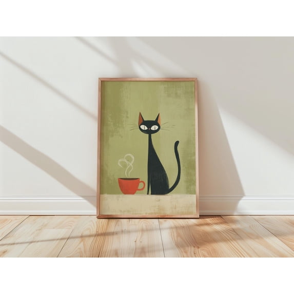 Black Cat Coffee Print, Mid Century Kitchen Wall Art, Unframed Paper ...