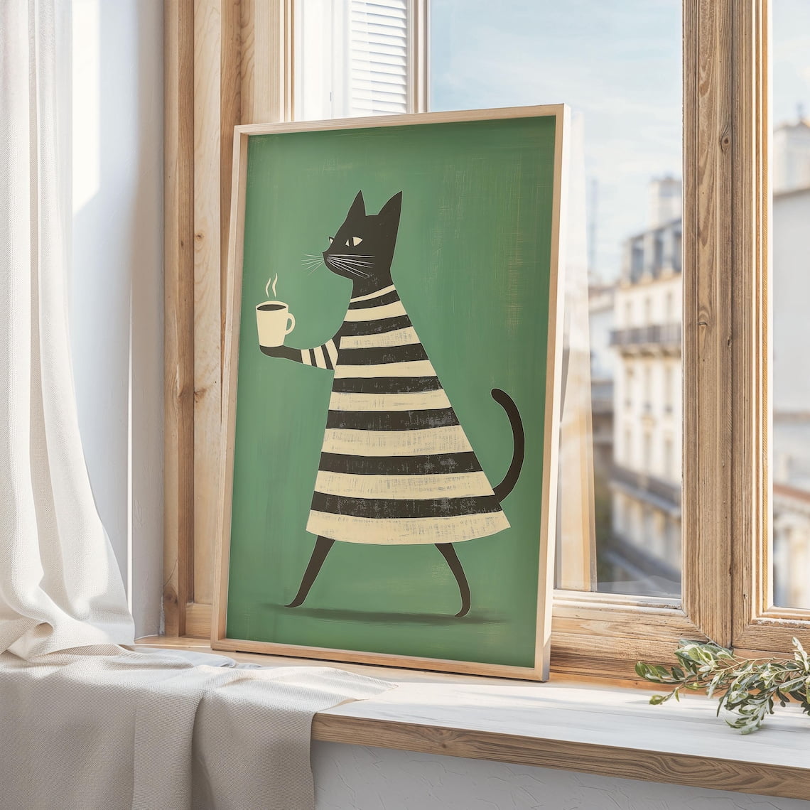 Black Cat Coffee Stripe Wall Art Print, Unframed Paper Poster 11x14in ...