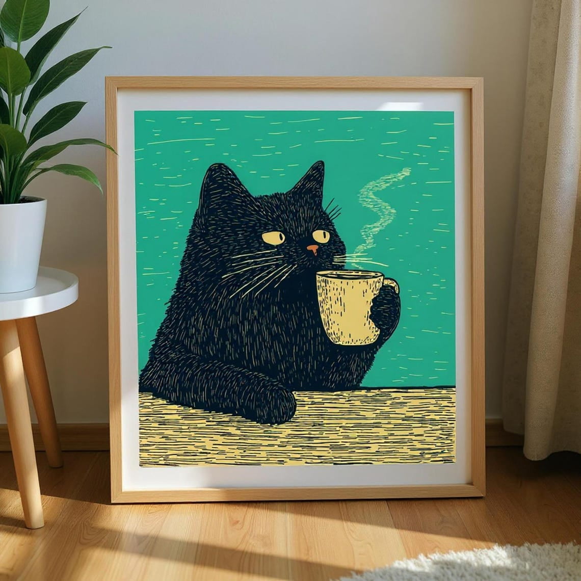 Black Cat Coffee Wall Art, Retro Cat Kitchen Decor, Unframed Paper ...