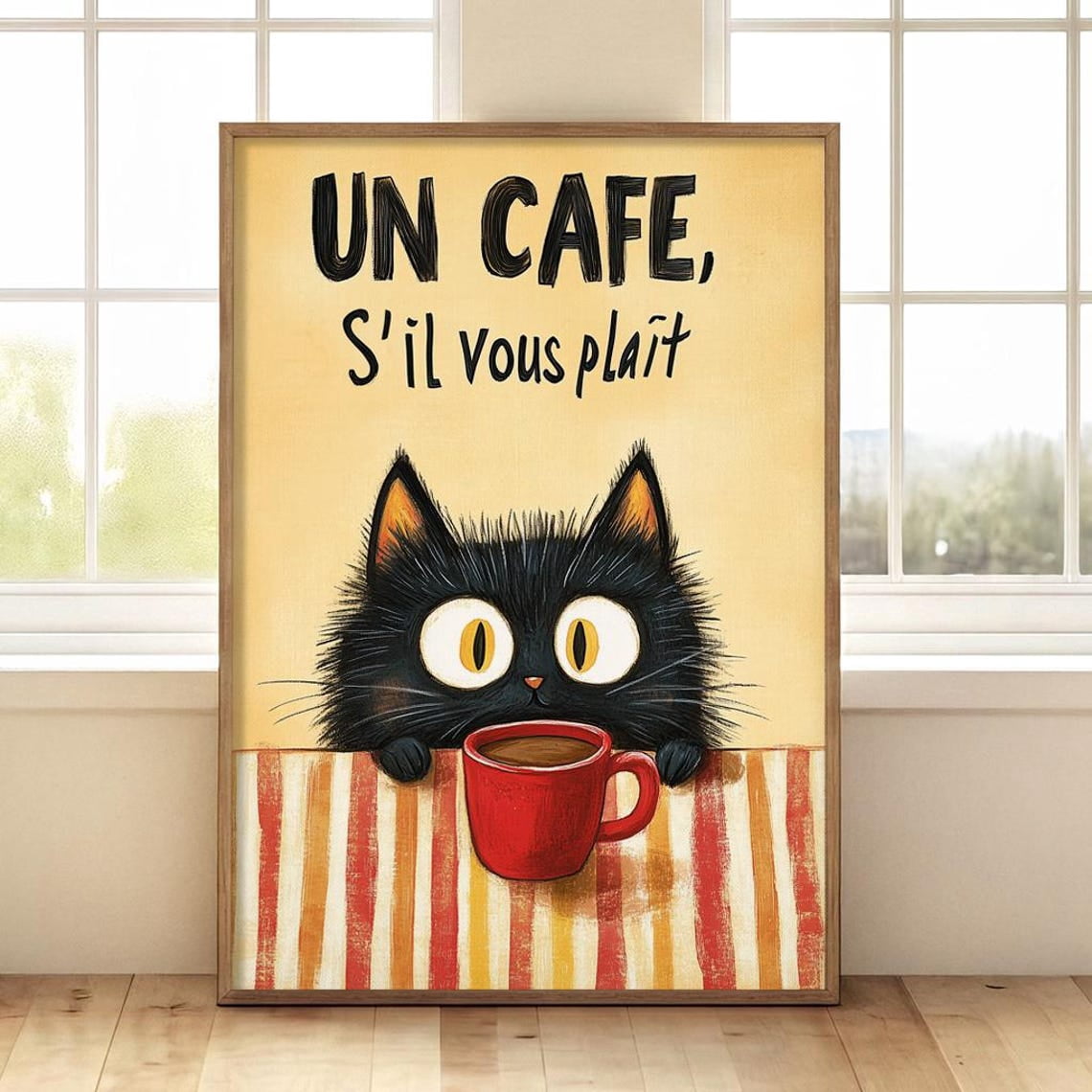 Black Cat Coffee Whimsical French Cafe Wall Art, Unframed Canvas ...