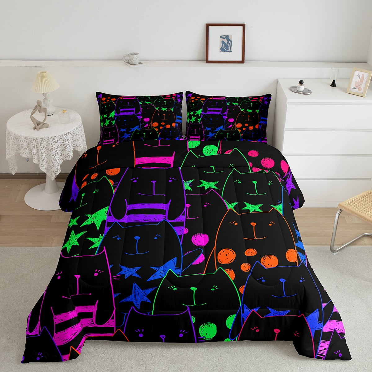 Black Cat Comforter Set, Cartoon Cute Cat Bedding Set For Kids Girls ...