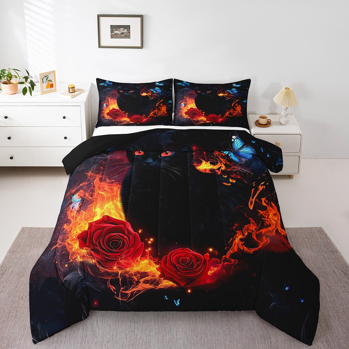 Black Cat Comforter Set King Red Rose Floral Bedding Blue Butterfly ...