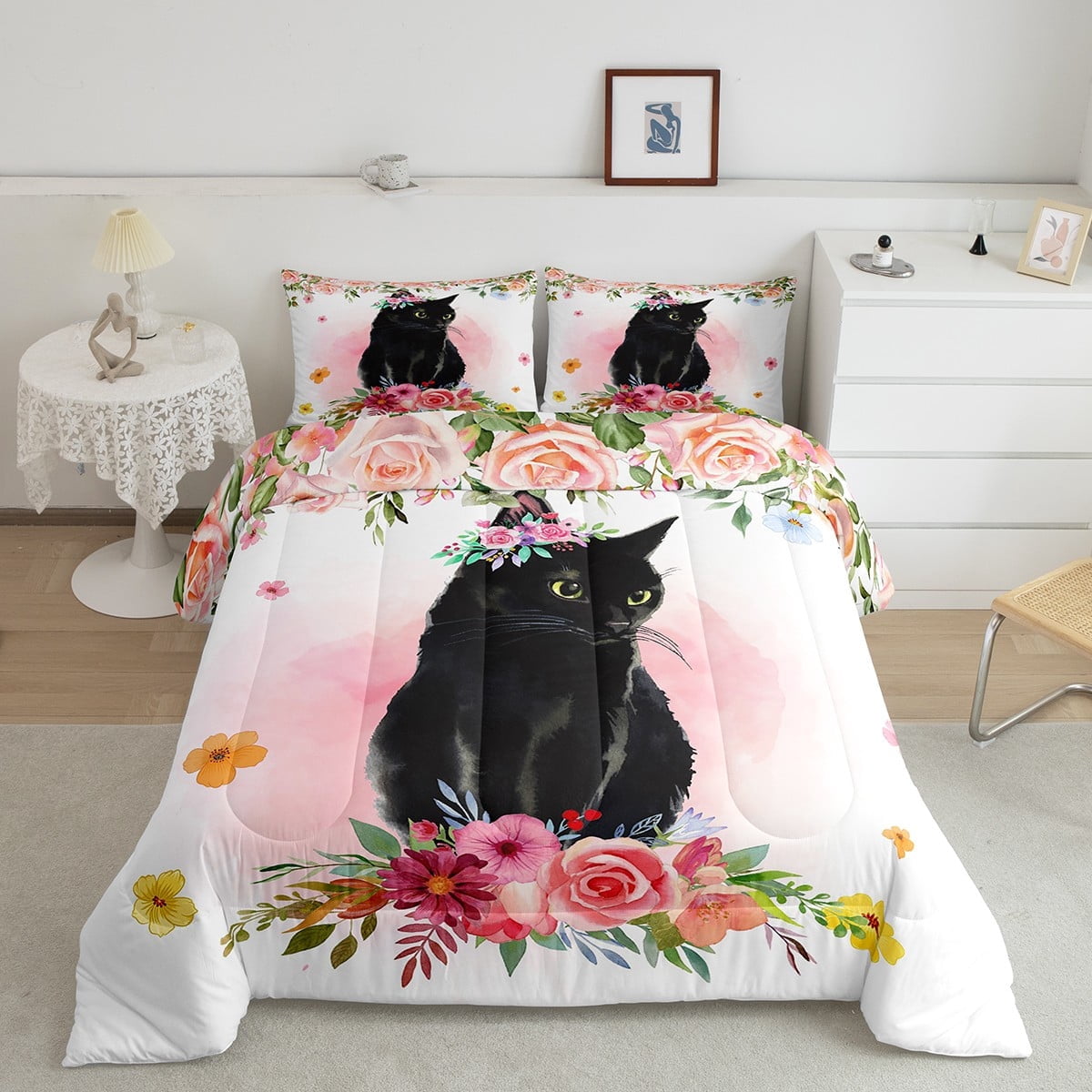 Black Cat Comforter Set Kitten Full Bedding Set ,Cute Pet Animal Quilt ...