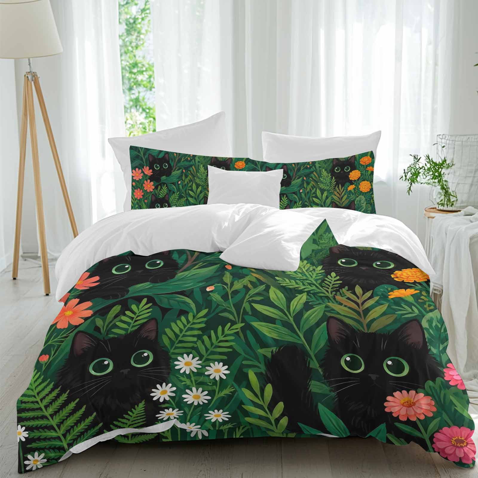Black Cat Comforter Set Queen Size, Pink Orange Flower Green Grass ...