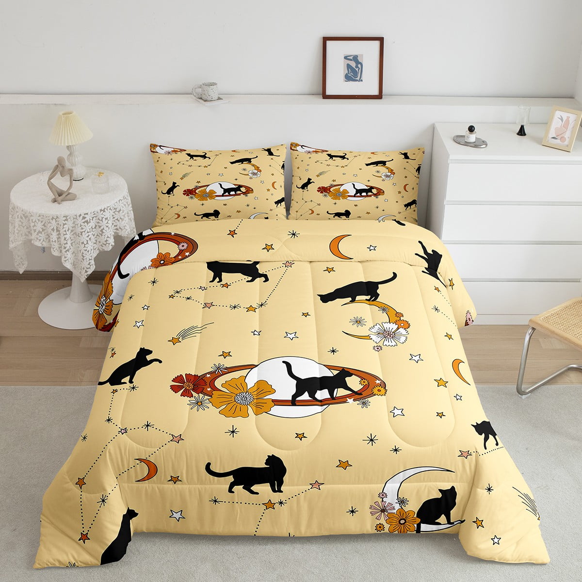 Black Cat Comforter Set Constellation Quilt Cute Kitten Animal Bedding ...