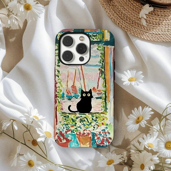 Black Cat Cottagecore Window Painting Phone Case with iPhone 17 to 11 ...