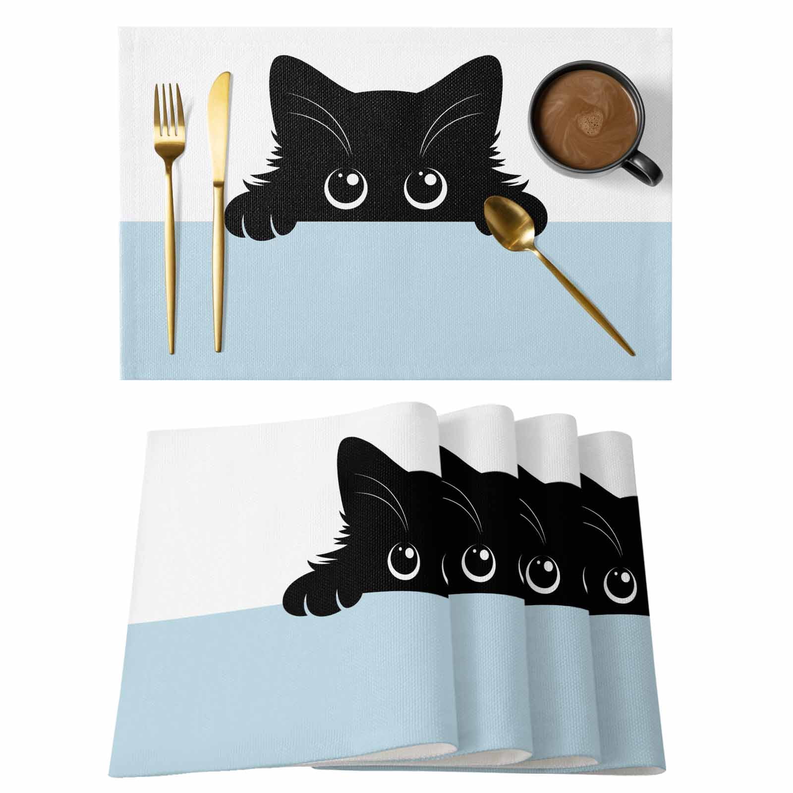 Black Cat Cotton Linen Placemats Set of 2, Cute Cat Cartoon Animal with ...