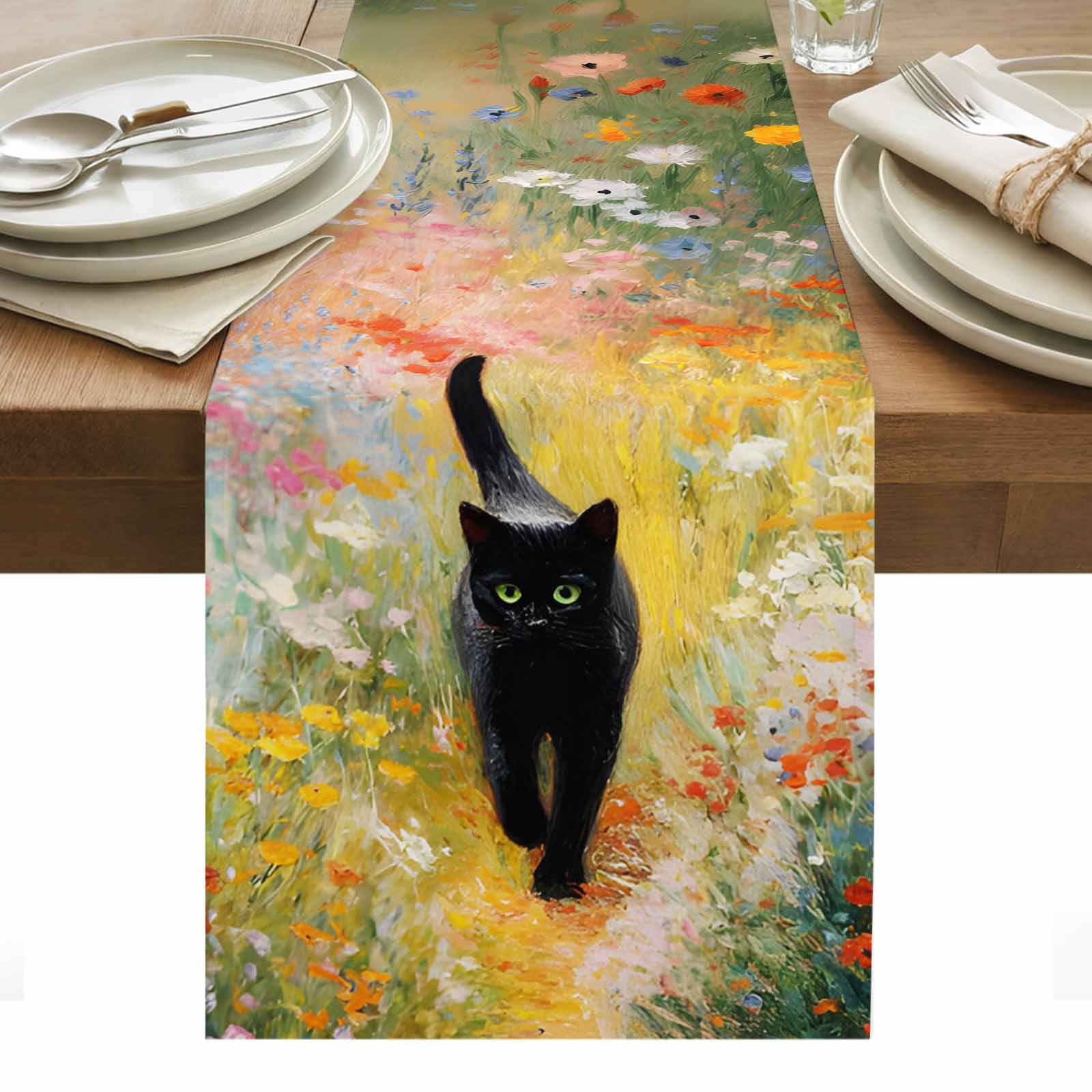 Black Cat Cotton Linen Table Runner Colorful Floral Garden ...
