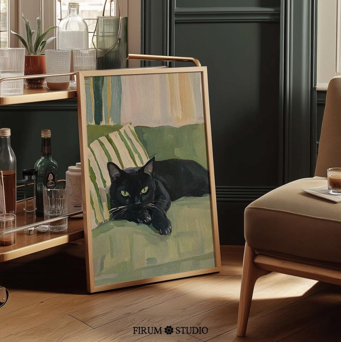 Black Cat Couch Art Print, Muted Green Eclectic Decor, Cozy Apartments Modern Farmhouse Decor ...