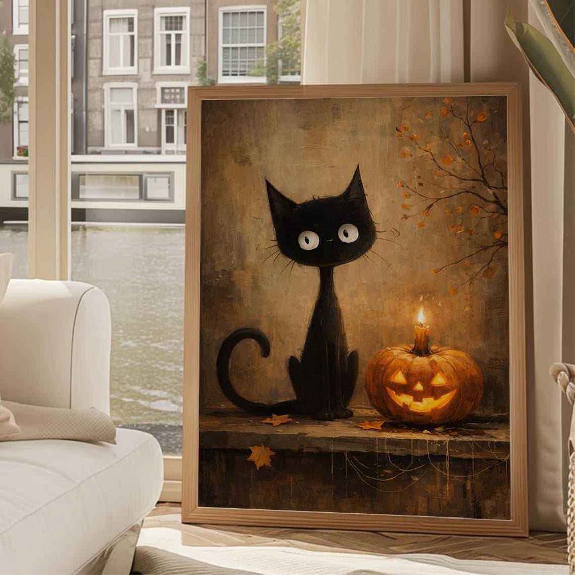 Black Cat Cozy Autumn Painting Whimsical Cat Rustic Fall Neutral Poster ...