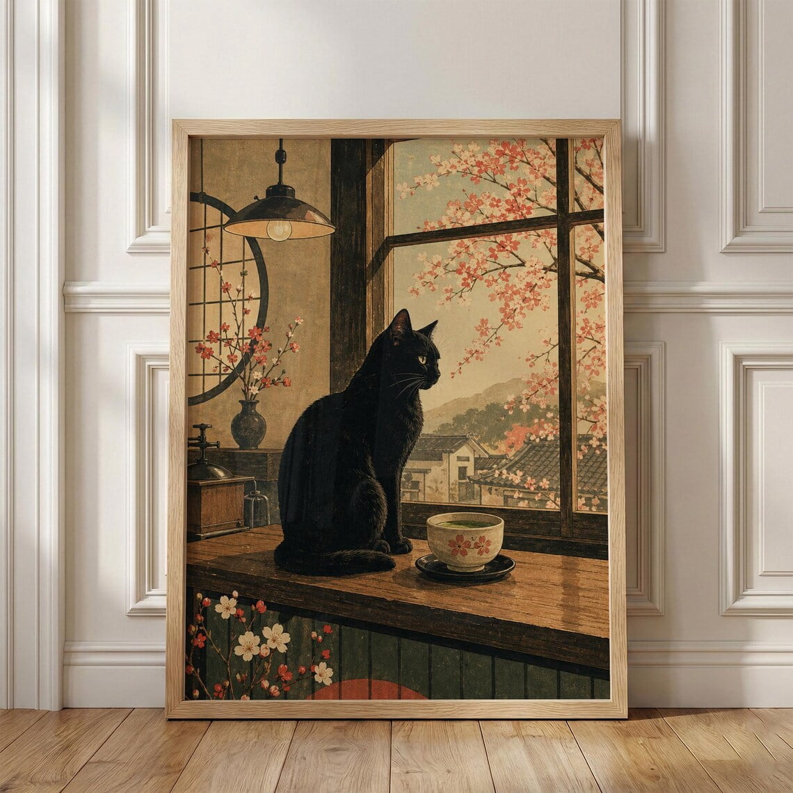 Black Cat Cozy Japanese Window Cherry Blossom Japandi Poster Unframed ...