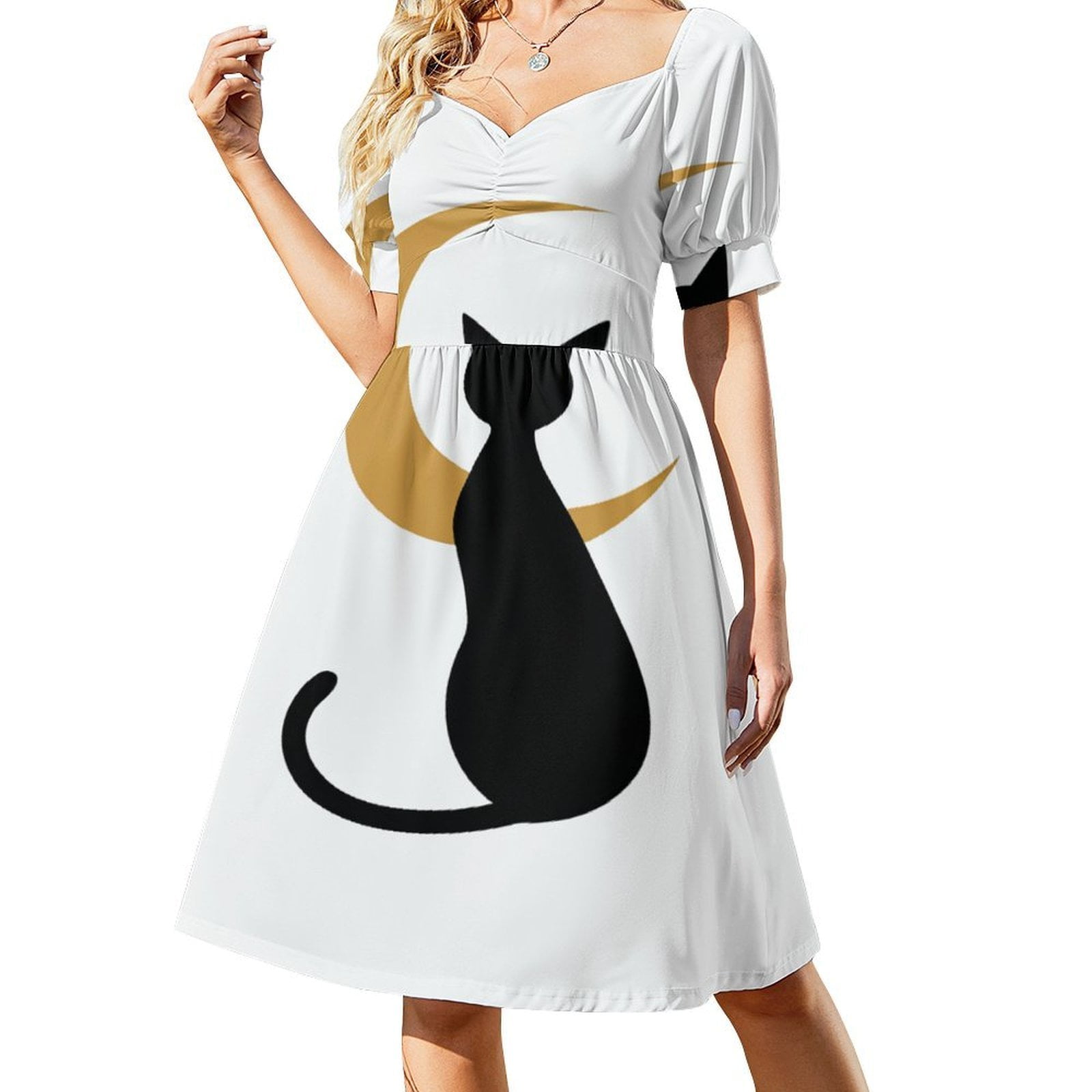 Black Cat Crescent Moon Design Short Sleeve Dress Clothes Women's ...