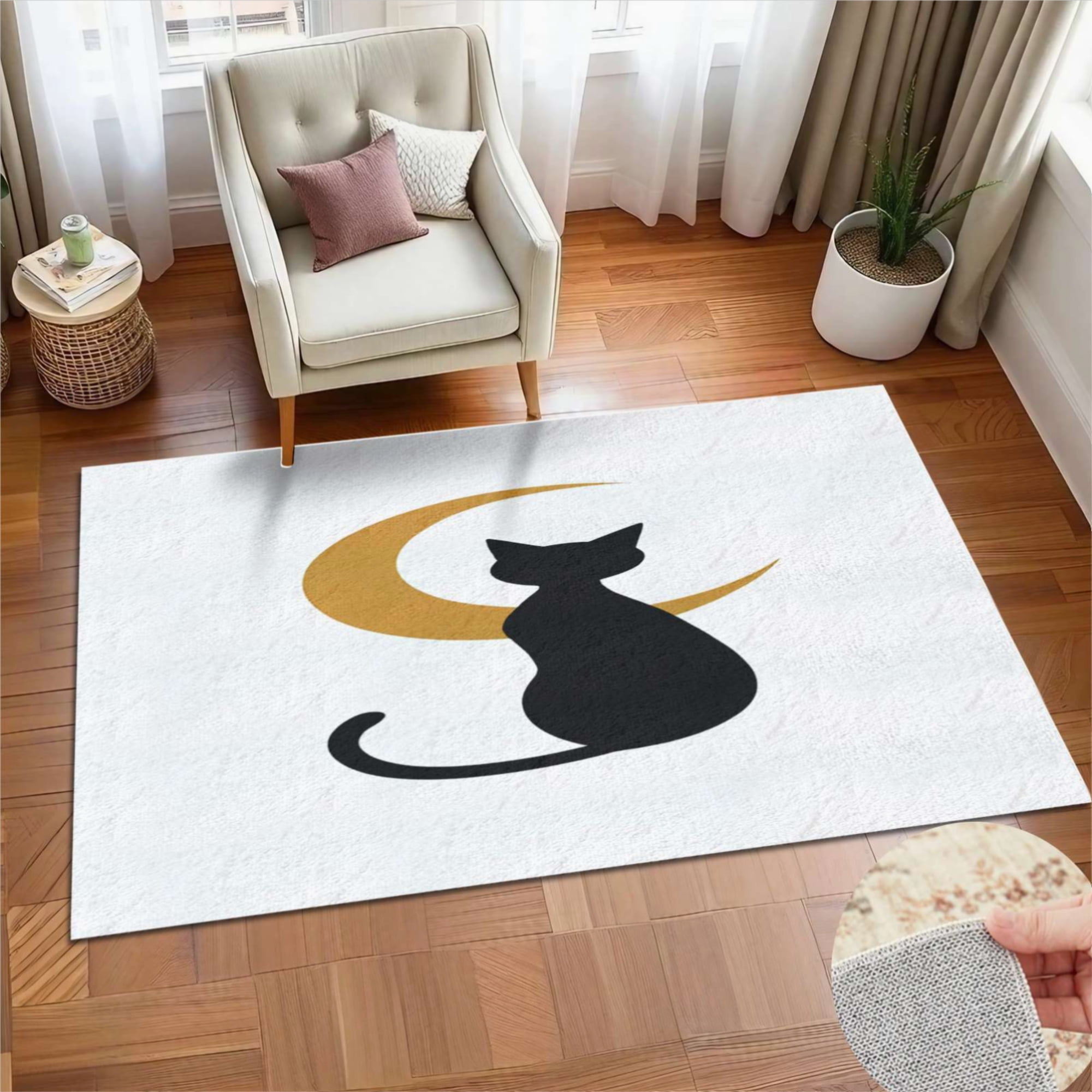 Black Cat Crescent Moon Design Soft Large Area Rugs Washable Rug With ...