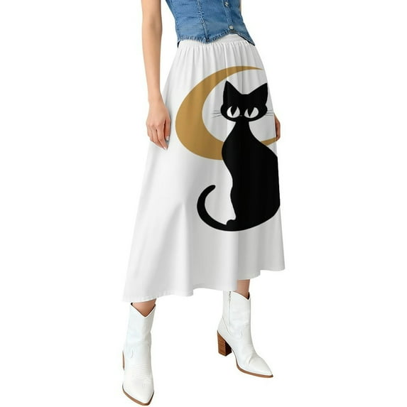 Black Cat Crescent Moon Design Women High Waist Midi Skirt Elegant Midi ...