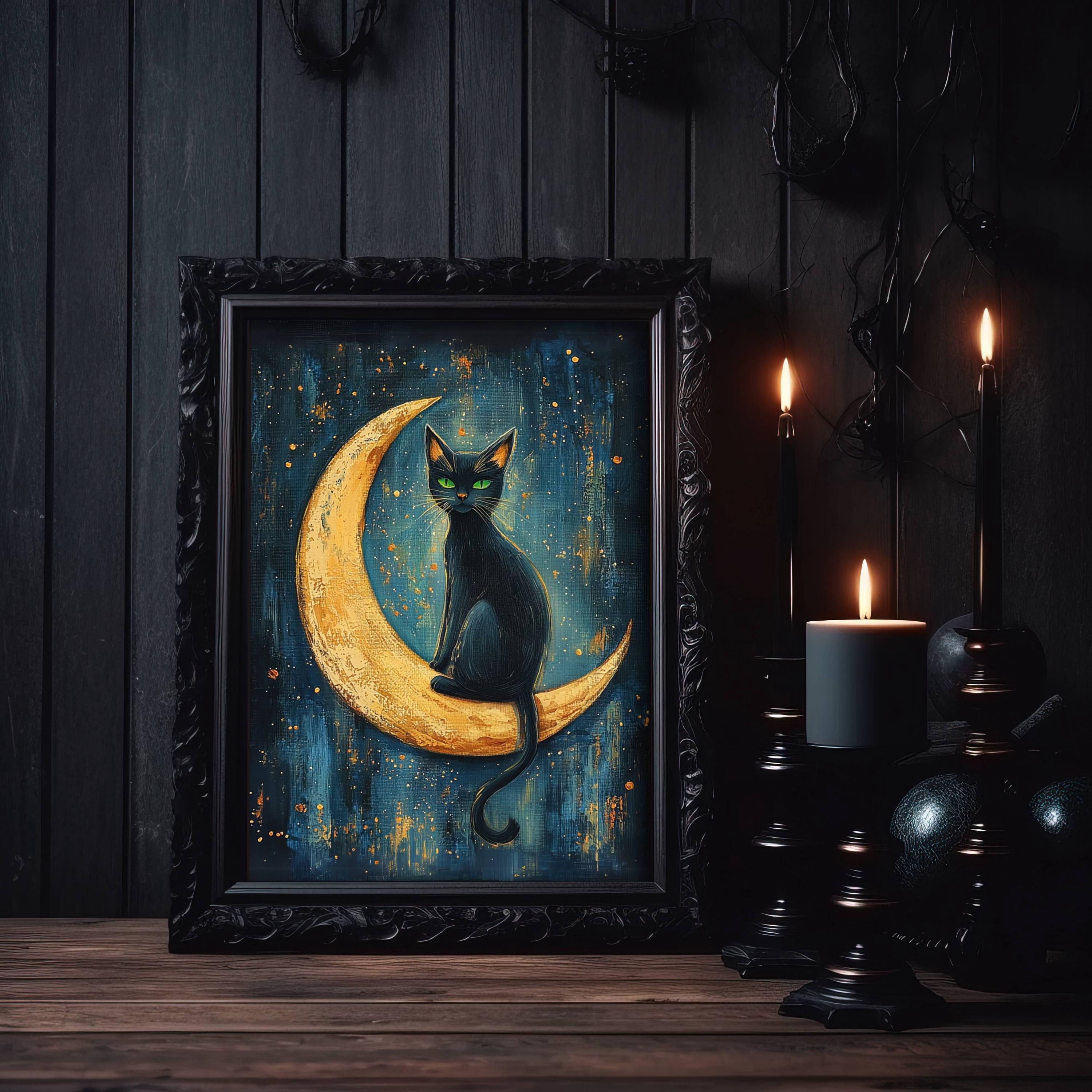Black Cat On Crescent Moon Poster, Mystical Celestial Wall Art, Moonlit ...
