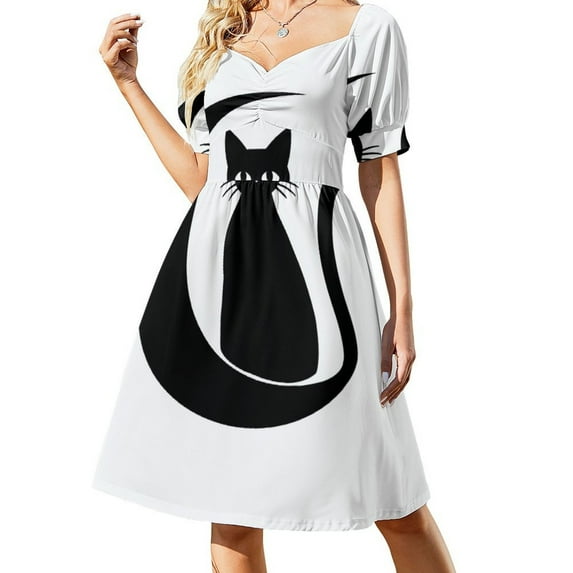 Black Cat Crescent Moon Short Sleeve Dress Clothes Women's Summer Dress ...