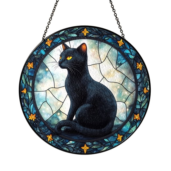 Black Cat Crescent Moon Stained Glass Suncatcher Round Window Hanging ...