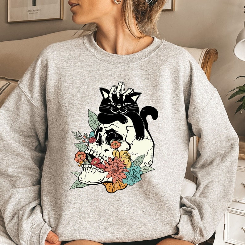Black Cat , Crewneck, Floral Skull , Skull And Cat Sweater, Fall ...