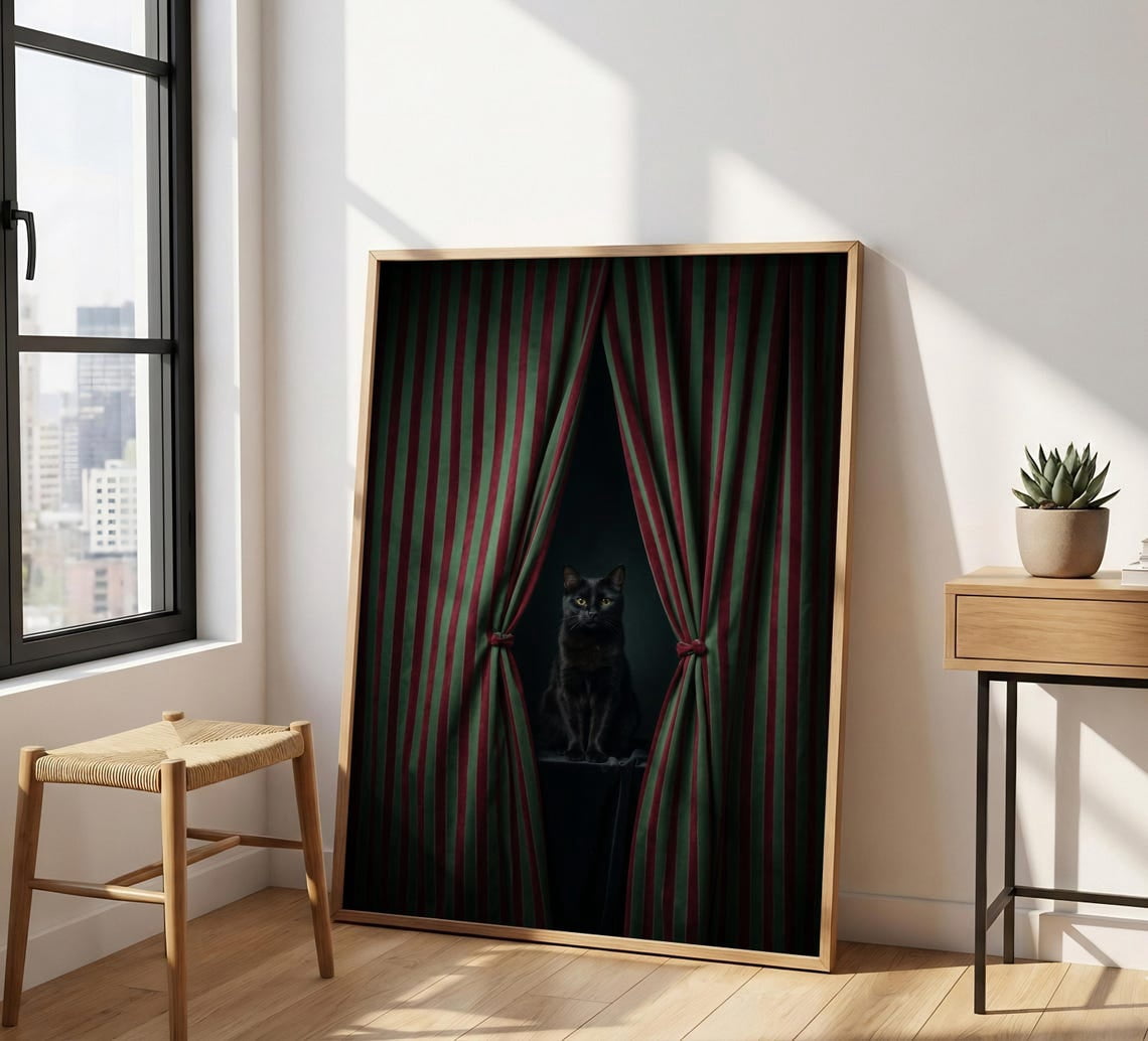 Black Cat Curtain Moody Pet Dark Academia Surreal Feline Gothic Cat ...