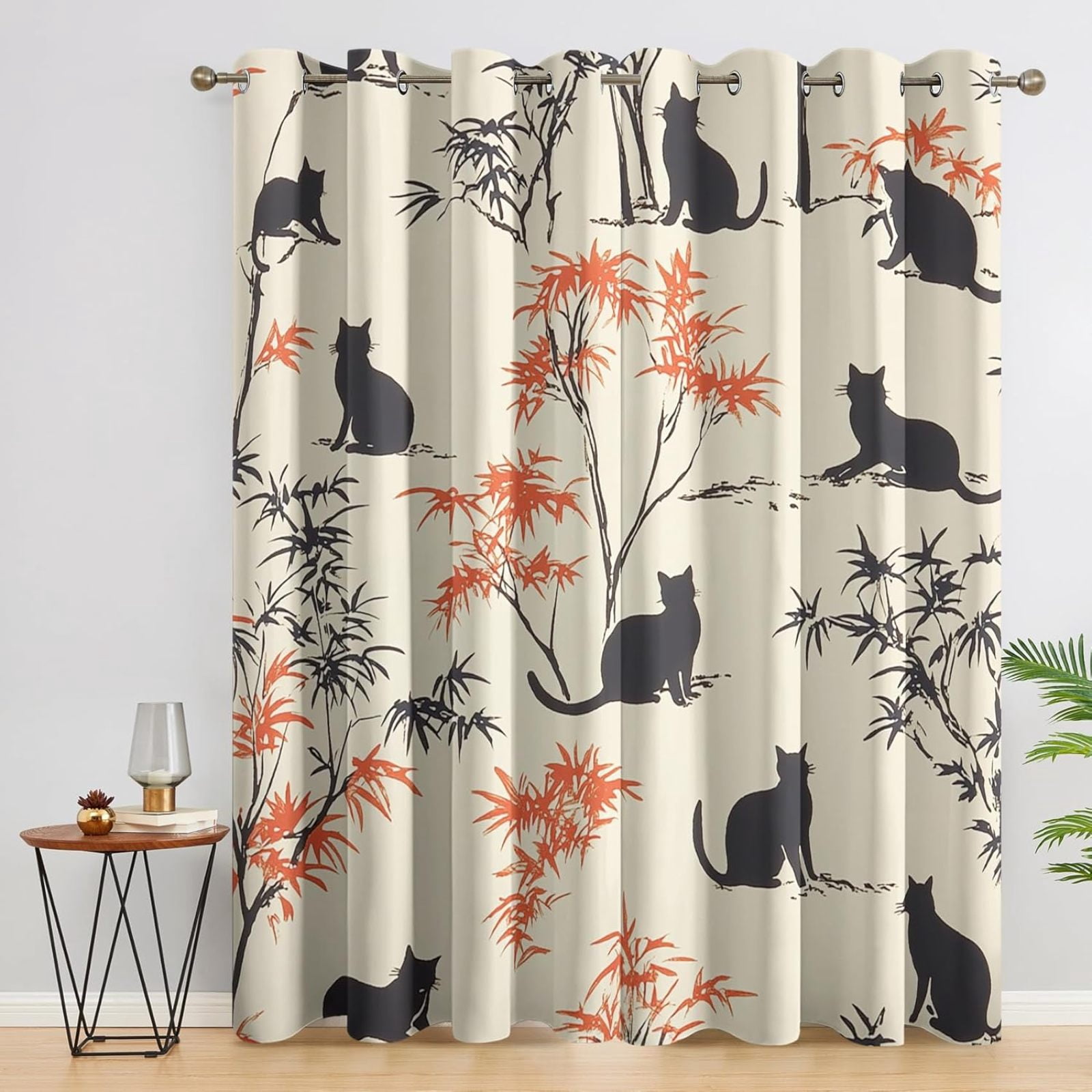 Black Cat Curtains For Living Room, Vintage Plant Pattern Design ...