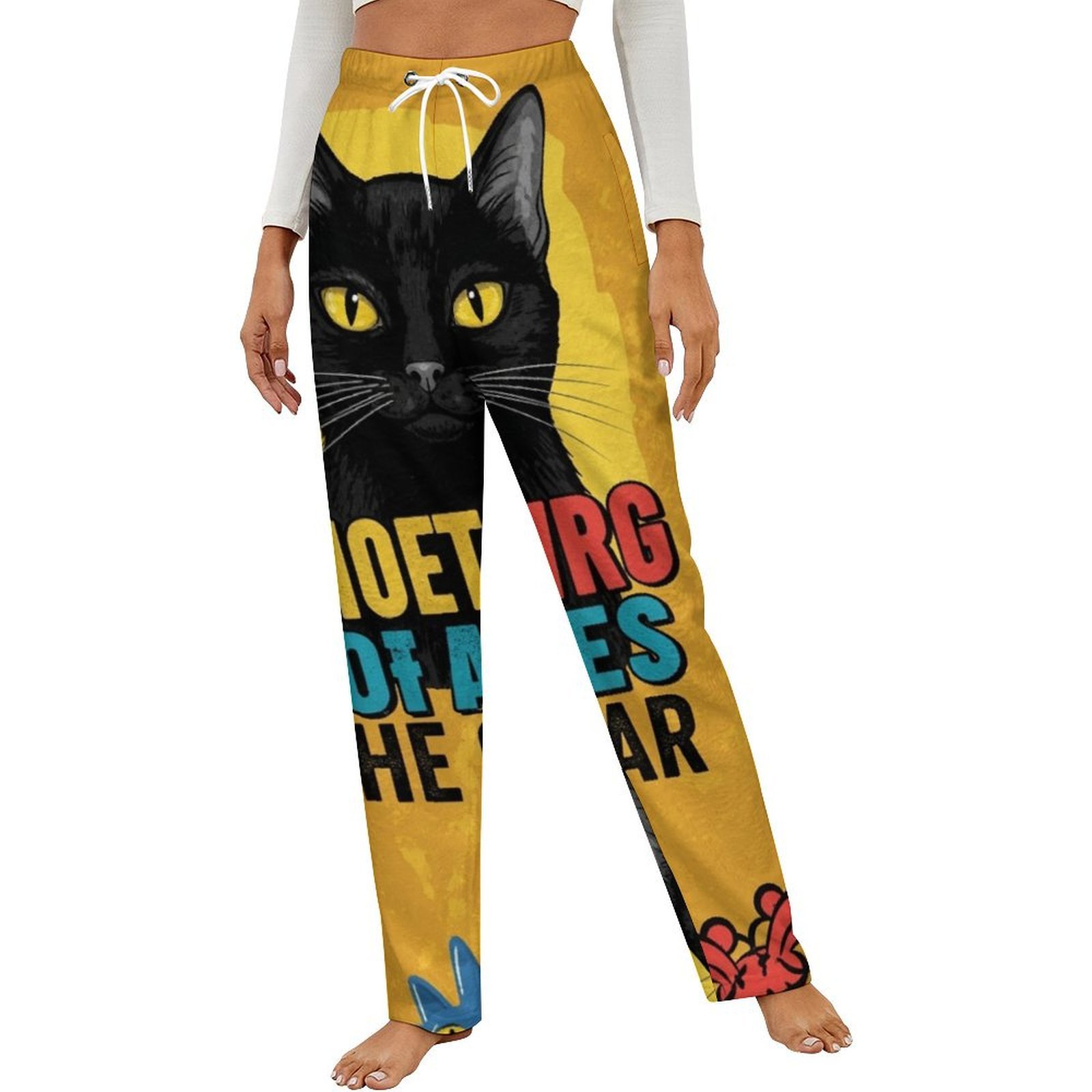 Black Cat Cute Cartoon Fun Winter Female Pants Flannel High Waist Women ...