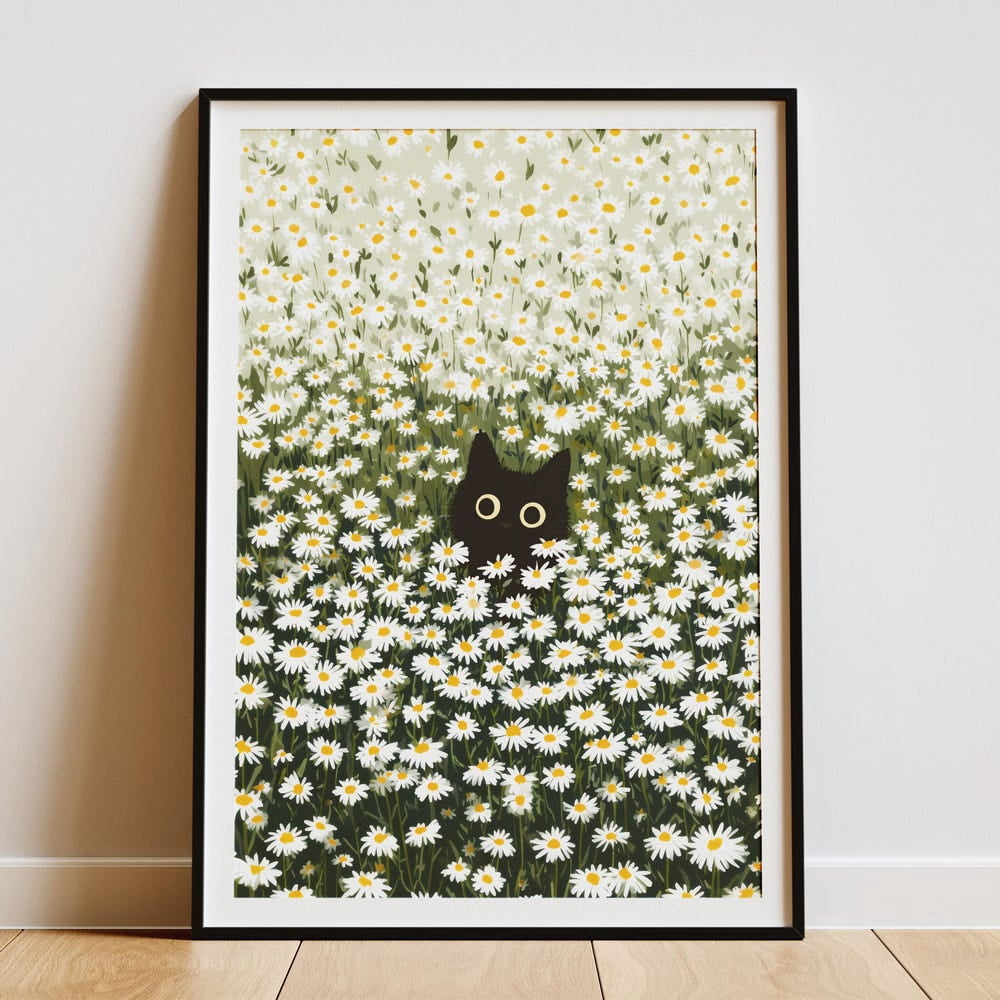 Black Cat Daisy Meadow Poster Home Decor Office Wall Art Living Room ...