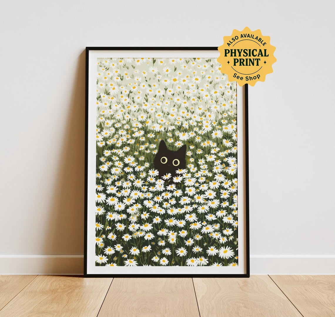 Black Cat Daisy Meadow Print, Whimsical Floral Wall Art Home Decor ...
