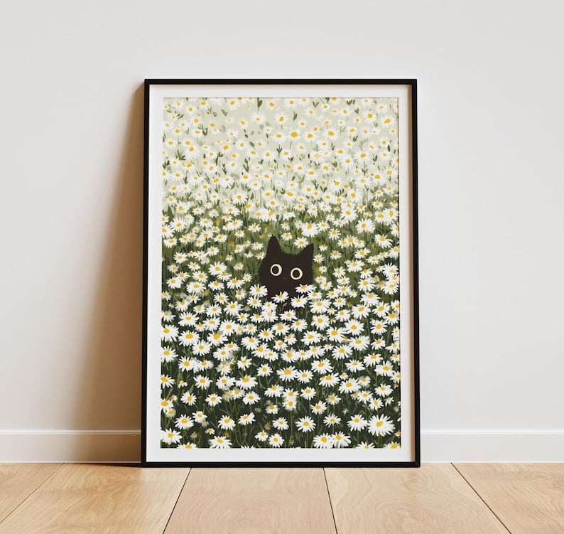 Black Cat Daisy Meadow Wall Art Poster Floral Feline Decor 24x36 ...