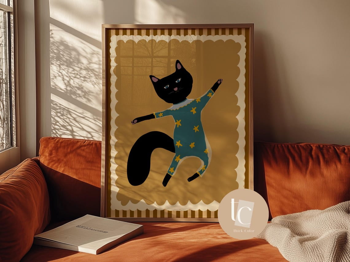 Black Cat Dancing In Onesie Nursery Wall Art, Unframed Paper Poster ...